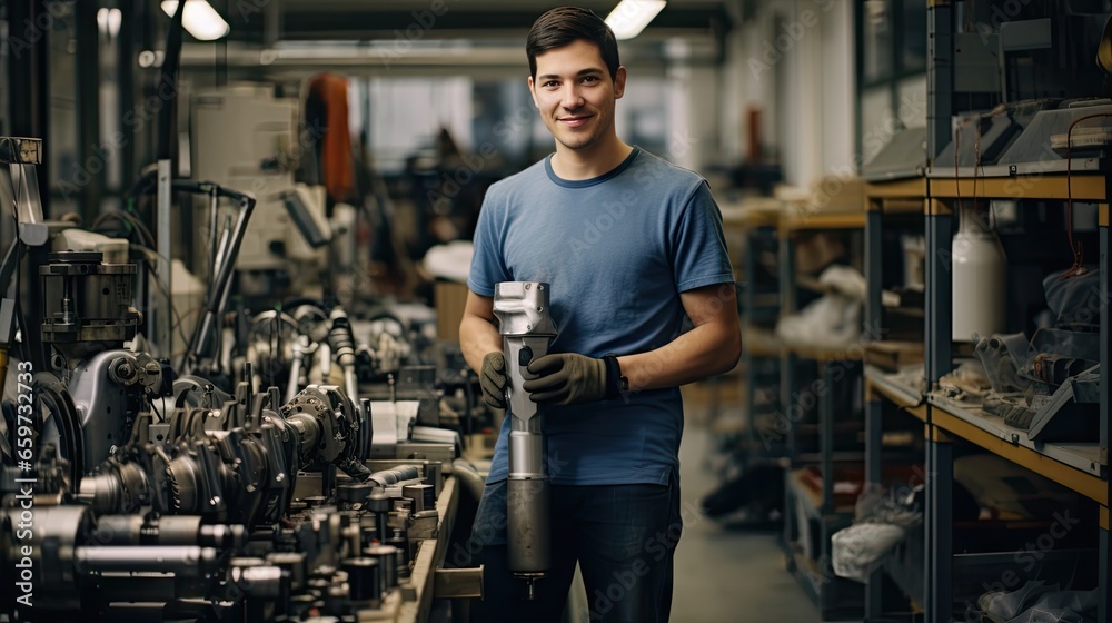 Foto de Handsome young man holds prosthetic leg to check quality At the ...