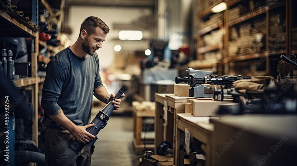 Handsome young man holds prosthetic leg to check quality At the back is ...