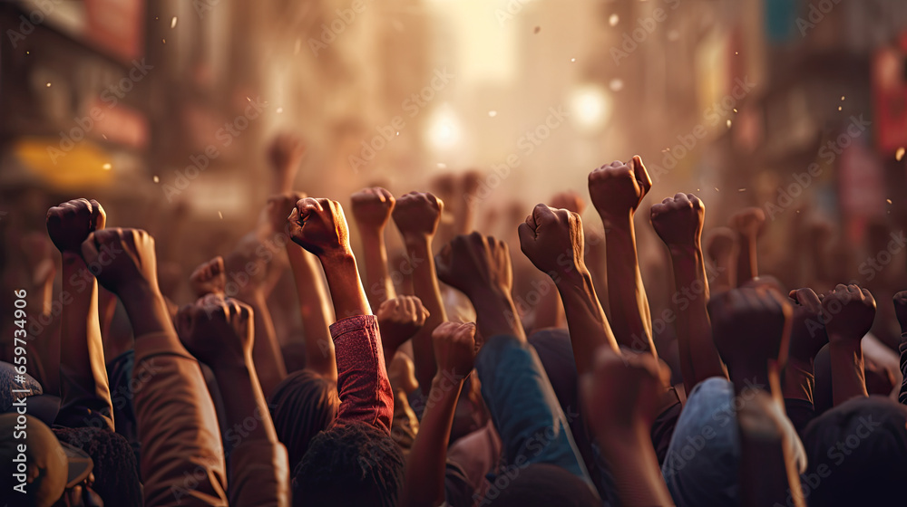 a group of people holding fists in a crowd at a protest, people holding ...
