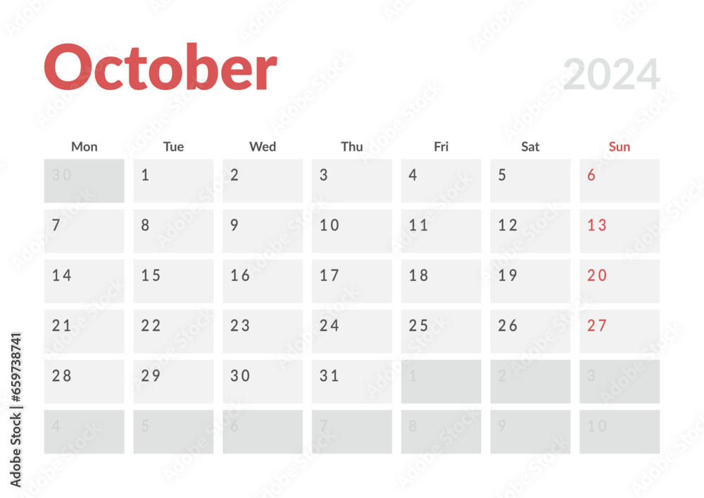 Vetor de Monthly page Calendar Planner Templates of October 2024 ...