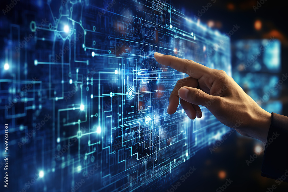 AI, Machine learning, Hands of human touching on digital earth, objects ...