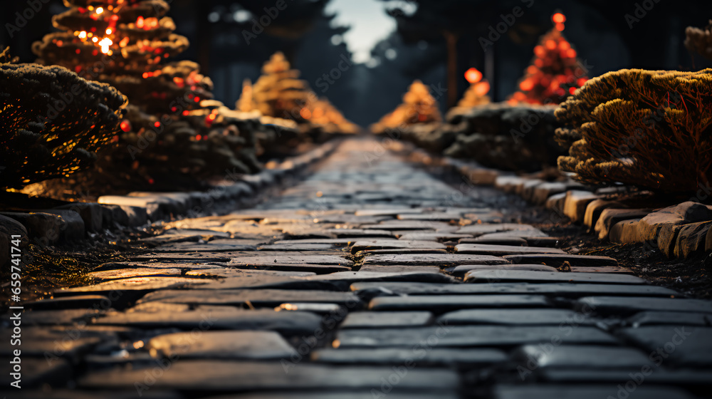 Cobblestone path - mountain resort - trees - lights - Christmas ...