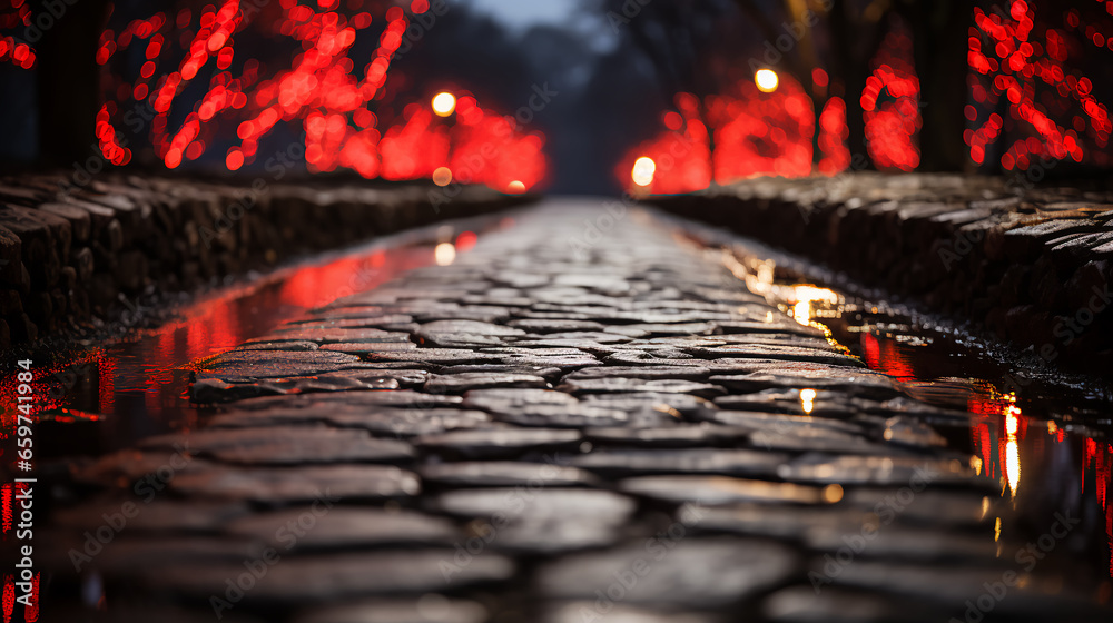 Cobblestone path - mountain resort - trees - lights - Christmas ...