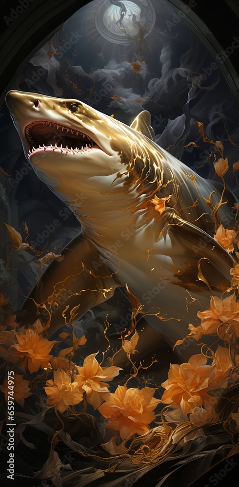 a shark swimming through a surreal garden of roses. The shark is ...