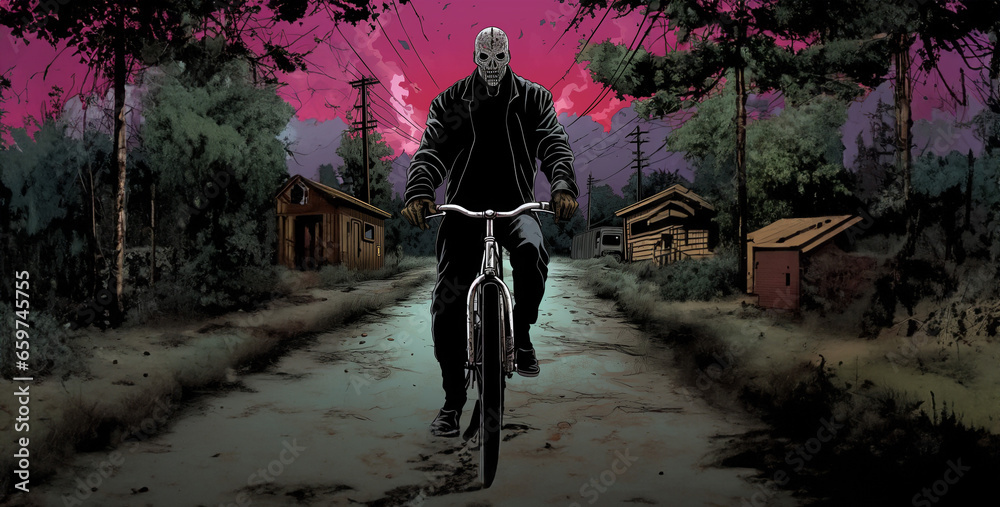 debo on his bicycle with a jason mask Comic illustration. Generative Ai ...