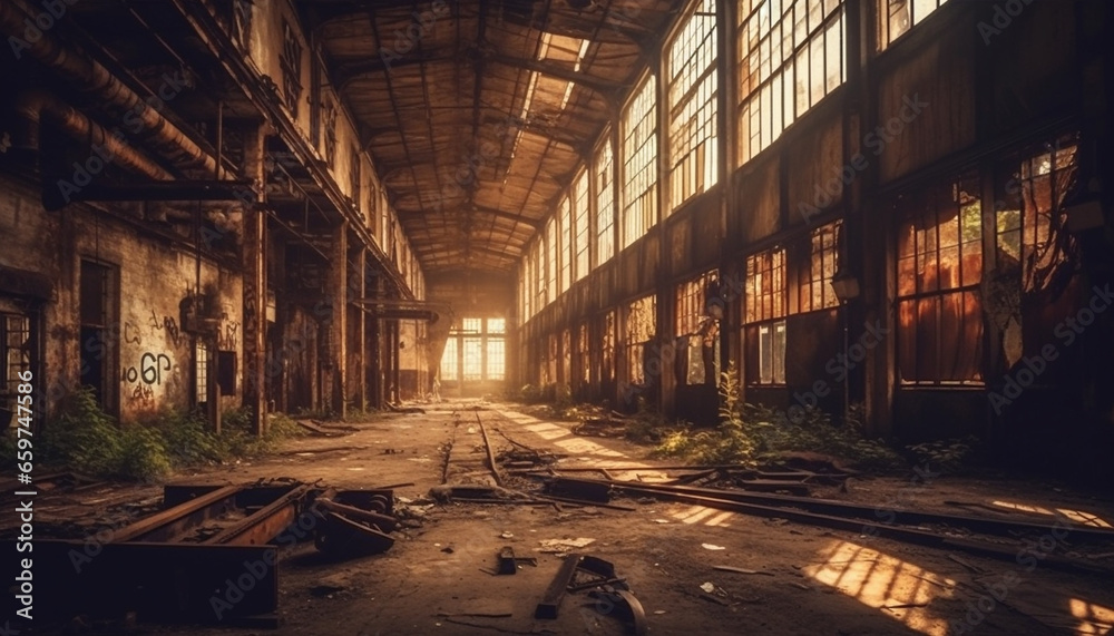 Spooky old factory, abandoned and ruined, a rusty mess inside generated ...