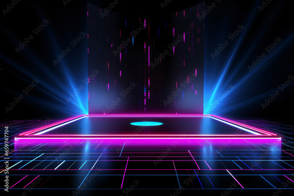Square stage with pink blue neon light and screen pixels glowing dots ...