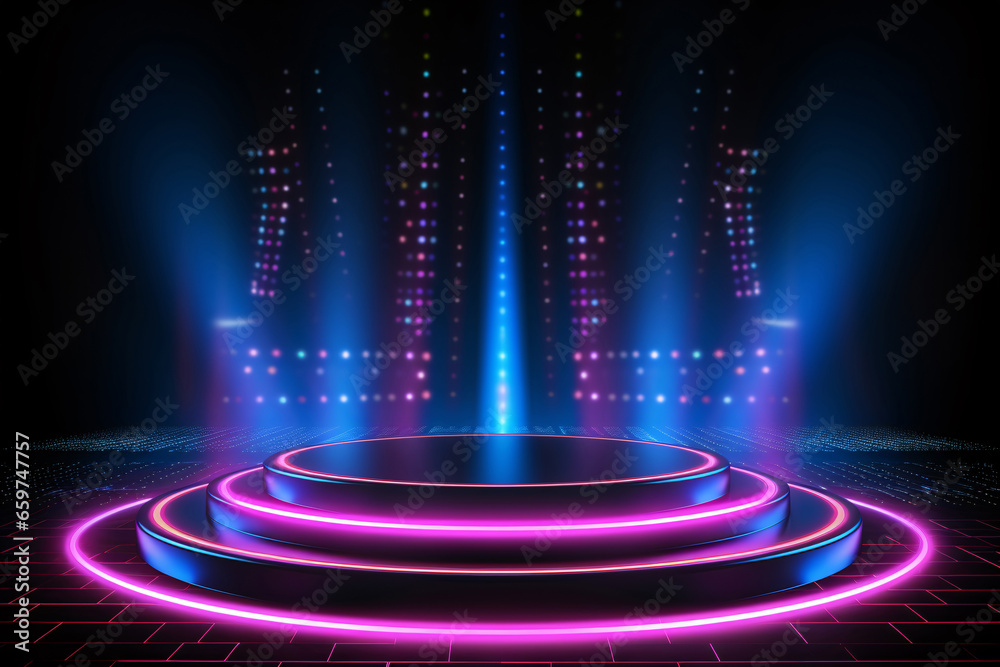 Round stage with pink blue neon light and screen pixels glowing dots ...