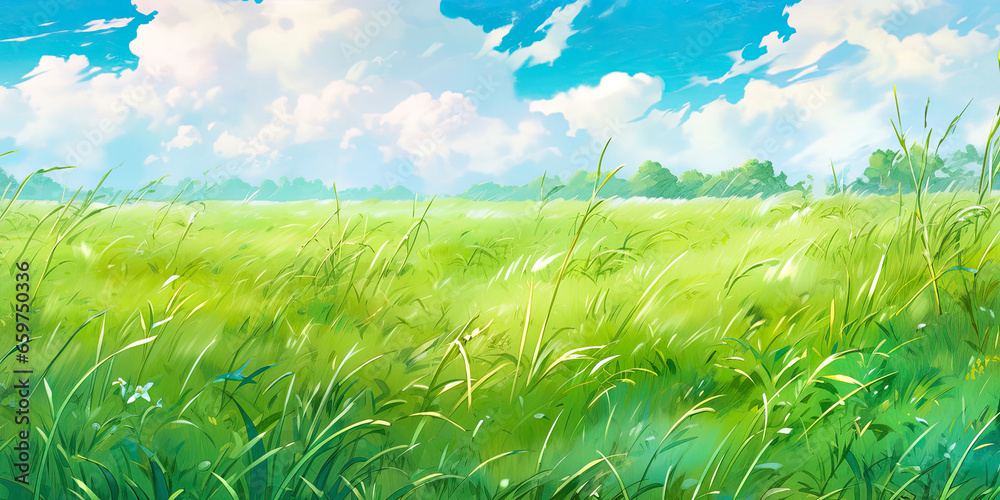 Vibrant green anime grass field background agricultural backdrop ...