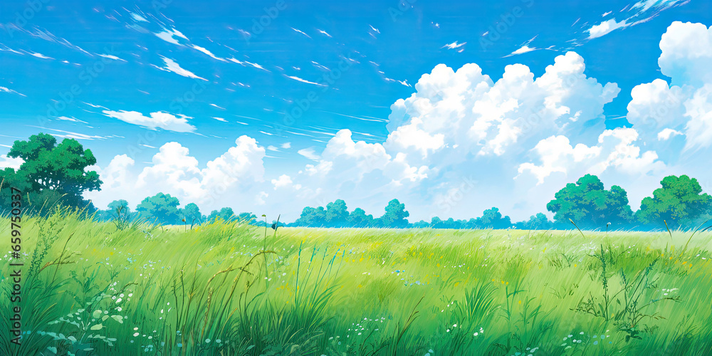 Vibrant green anime grass field background agricultural backdrop ...