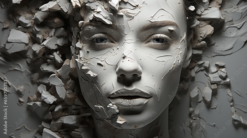 A weathered sculpture of a woman's face, with cracks and fractures in ...