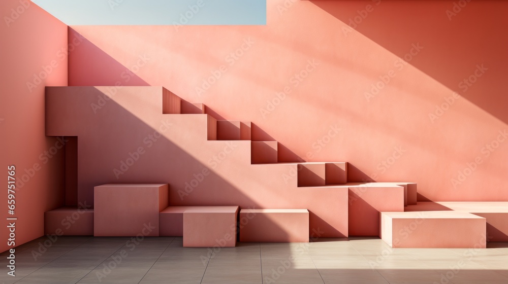 A vibrant pink staircase leading up to a grand wall adorned with a ...
