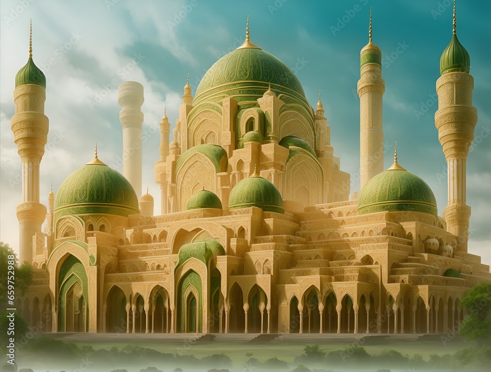 beautiful and luxurious mosque building, dominant colors green and gold ...