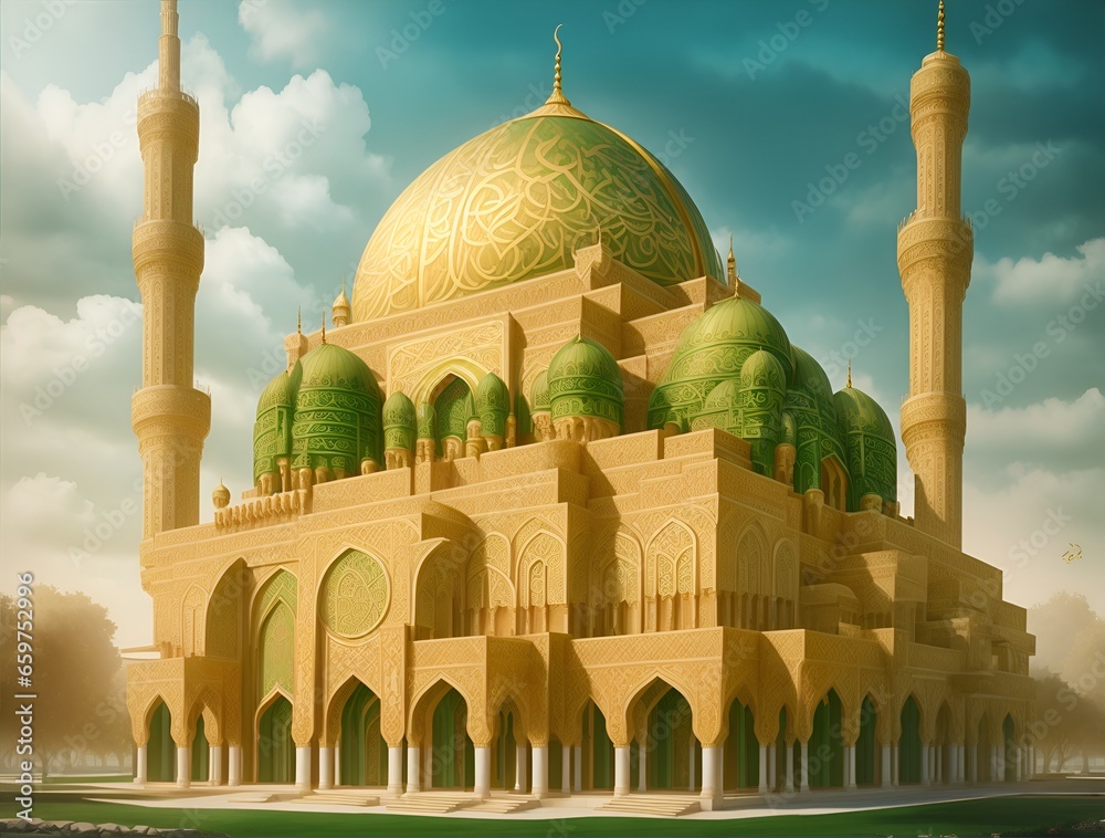 beautiful and luxurious mosque building, dominant colors green and gold ...