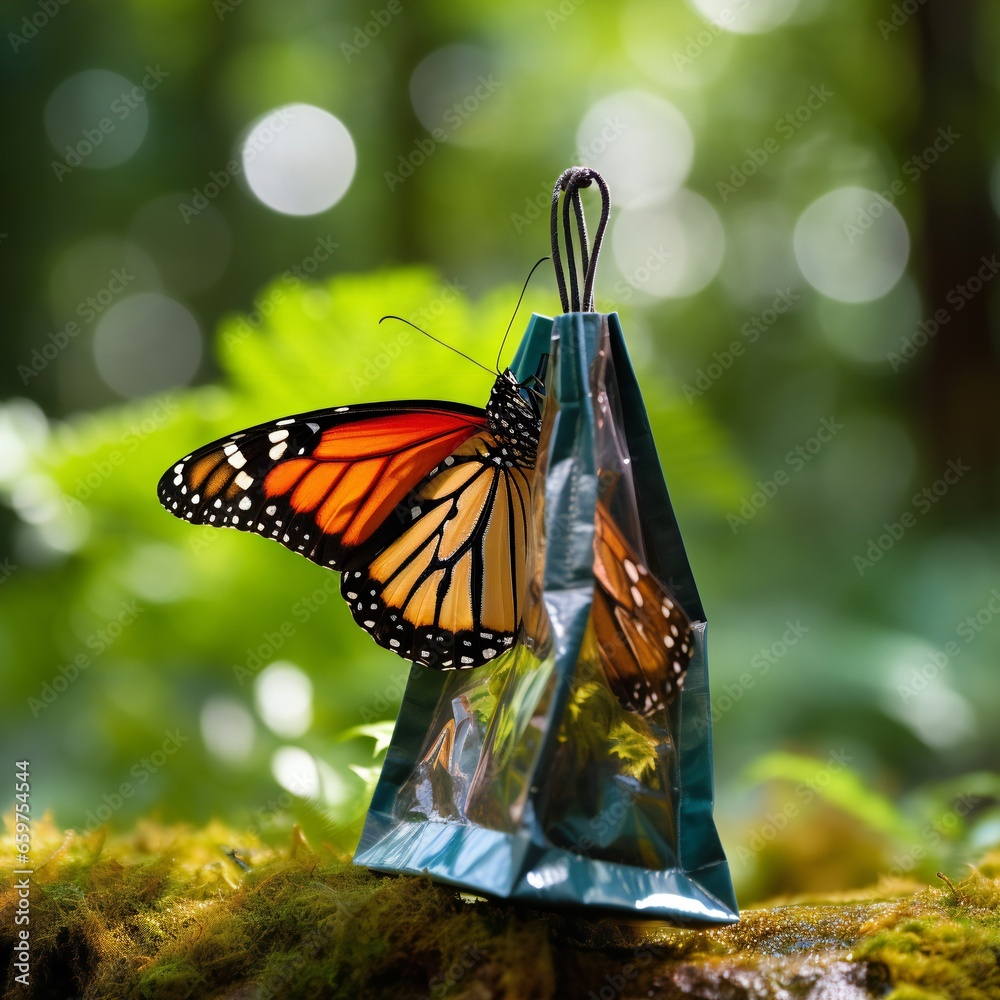 Plastic pollution in environmental problem of nature. Butterfly on ...