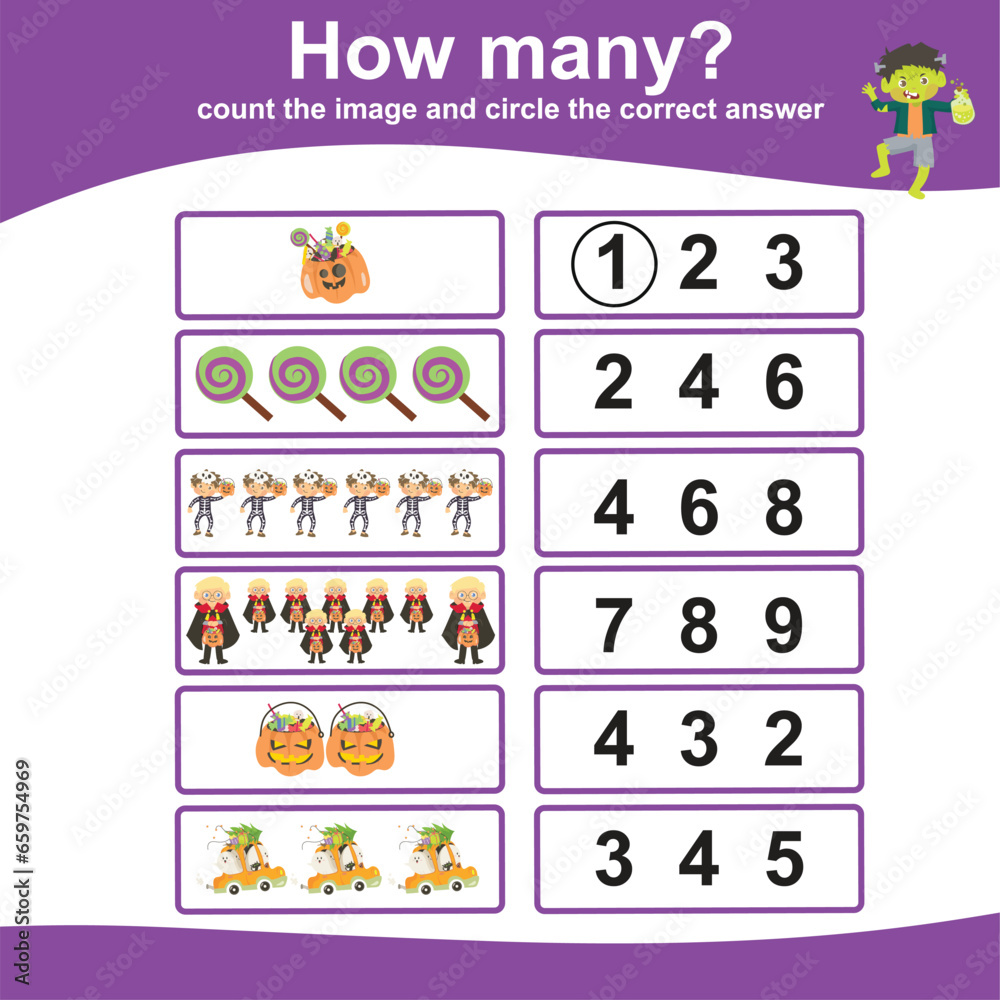 Vetor de Count how many Halloween elements do you see and circle the ...