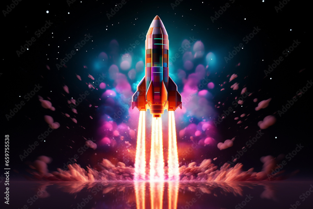 Abstract Rocket Launch. Digital Spaceship Flying Into Space, neon ...