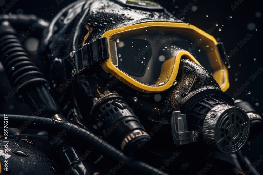 A detailed close-up of a gas mask attached to a scuba suit. This image ...
