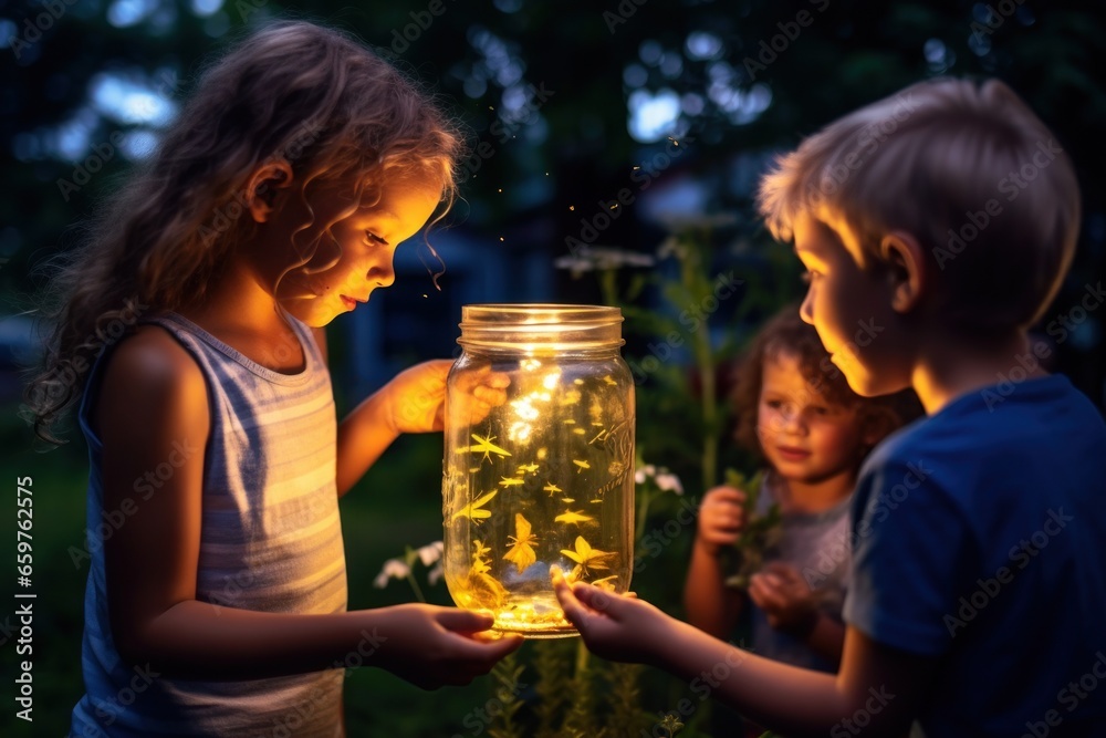 Two children are captivated by the glow of fireflies inside a jar. This ...