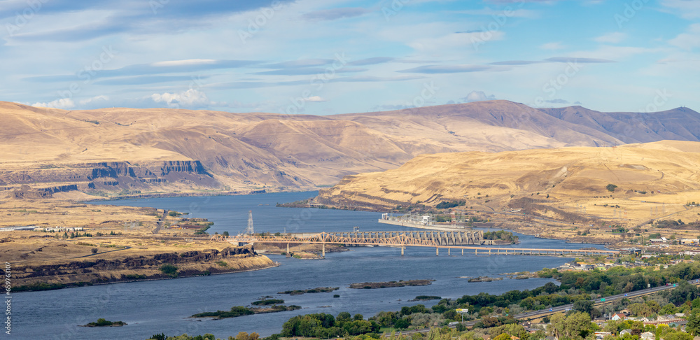 Panaramic overview of the Columbia River, The Dalles Bridge and Dam in ...