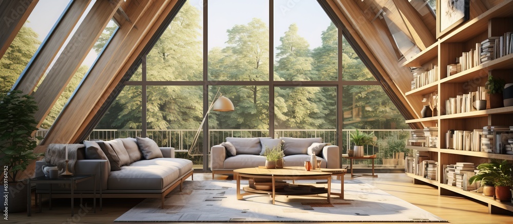 Interior sitting area and loft in home display with high ceiling Stock ...