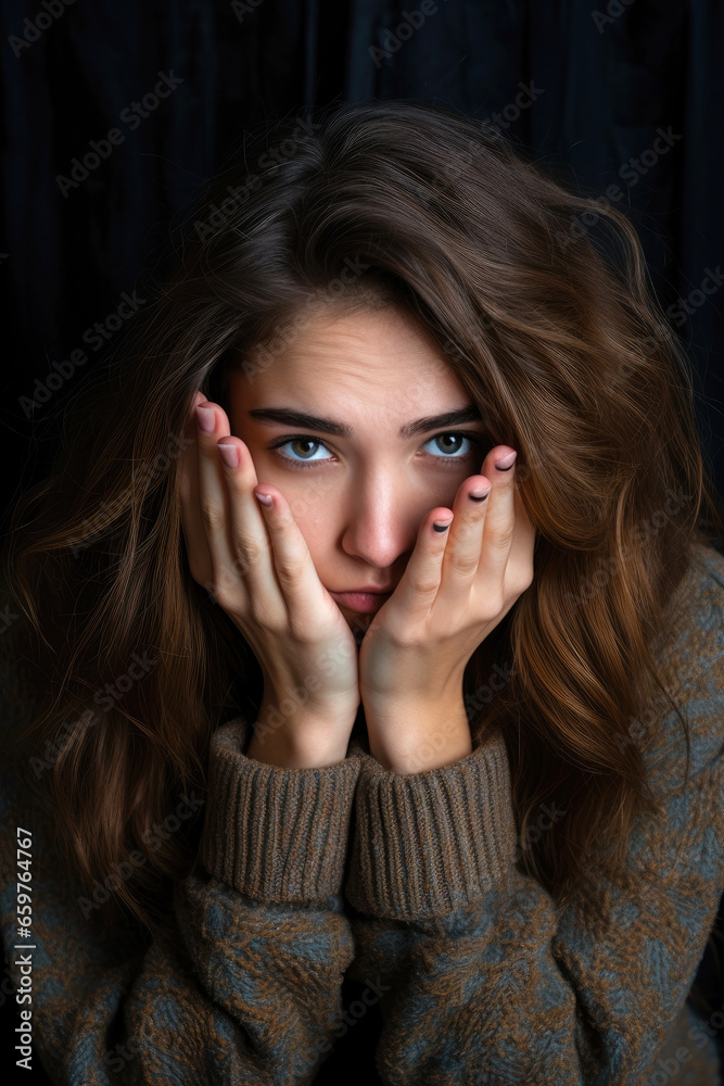 Sad, confused young woman bowed her head and hugged her knees Stock ...