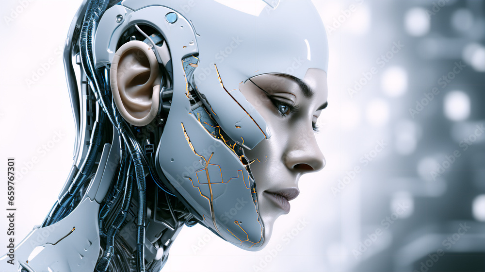 Beautiful face of a futuristic hi-tech cyborg robot woman. Connecting ...