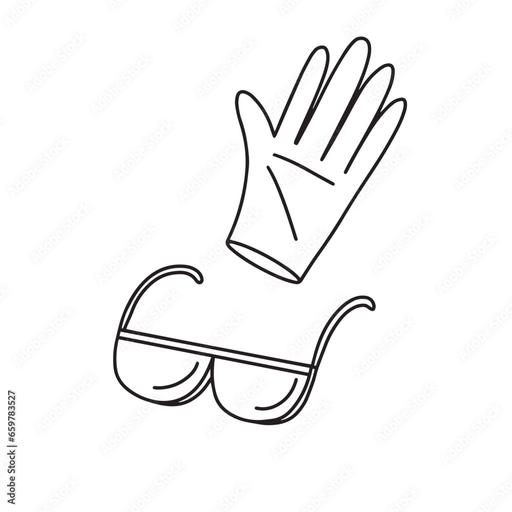 Hand drawn illustration of safety glasses and gloves. Doodle icons ...
