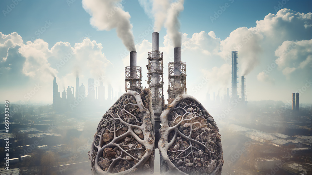 carbon footprint, smoke pollution of the atmosphere, pipes with smoke ...