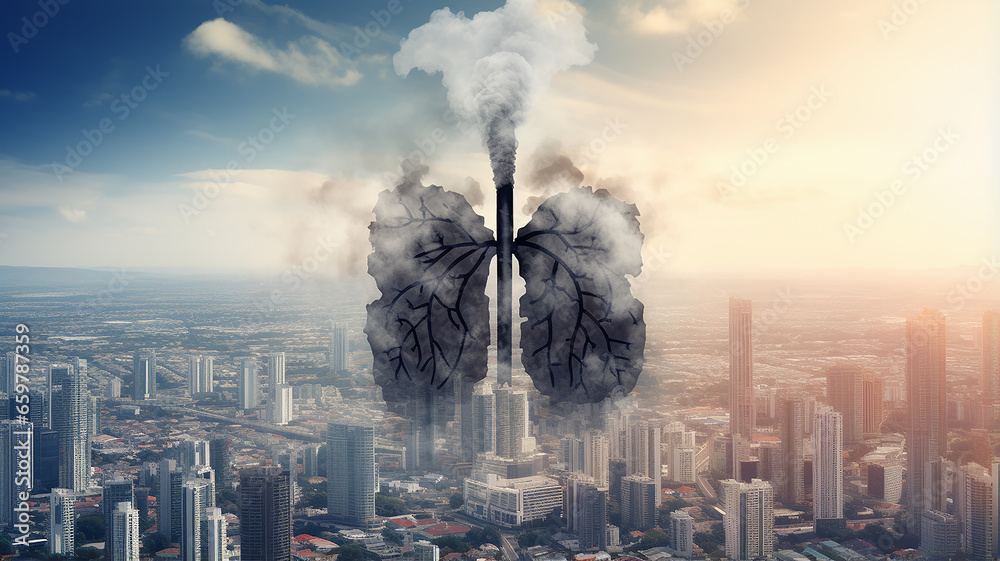 carbon footprint, smoke pollution of the atmosphere, pipes with smoke ...