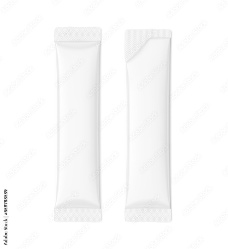 Blank stick package bag mockups. Torn and regular suite. Front view ...