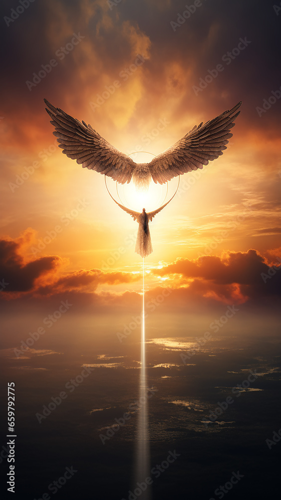 vertical background heavenly landscape, angel in heaven in the light of ...