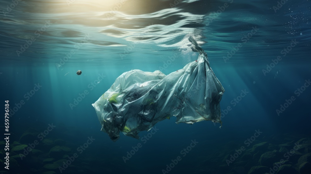 Garbage floating under water. Ocean pollution with plastic bottles and ...