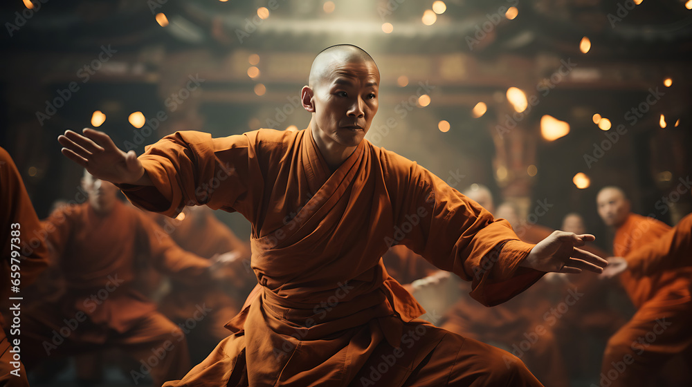 Shaolin Warrior Monk Practicing Kung Fu Inside Temple Stock Photo ...