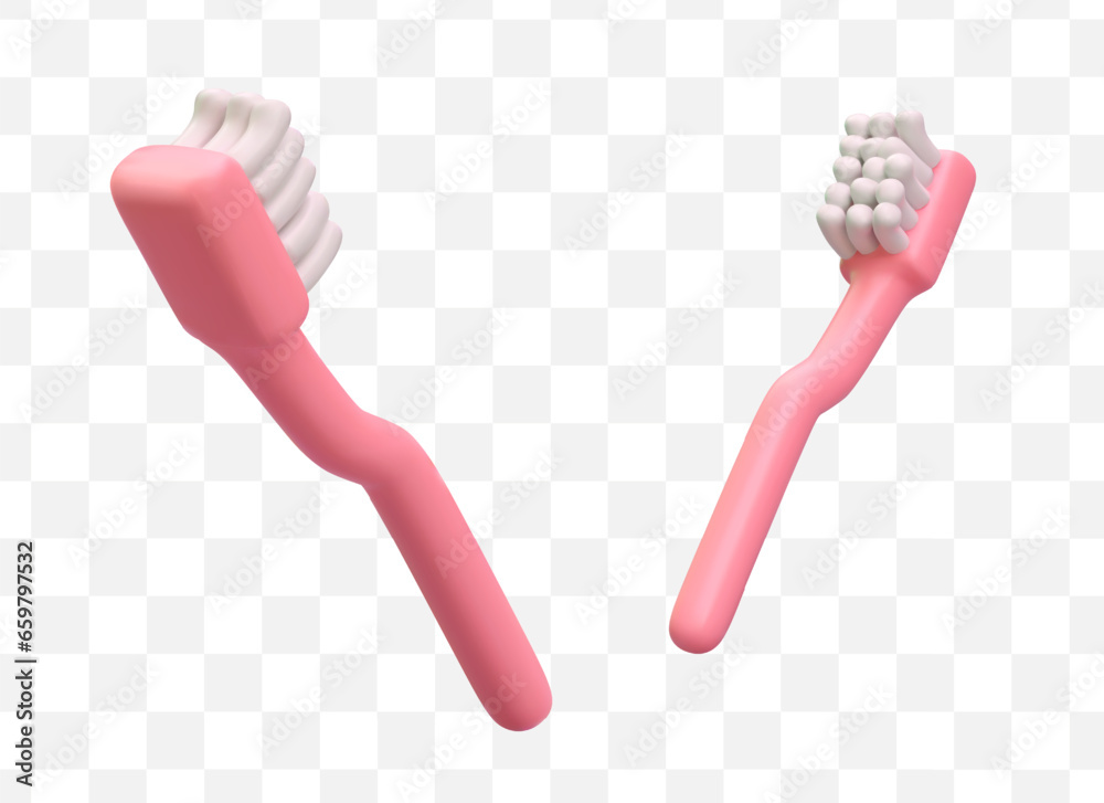Realistic pink toothbrush, front and back view. Vector object in ...