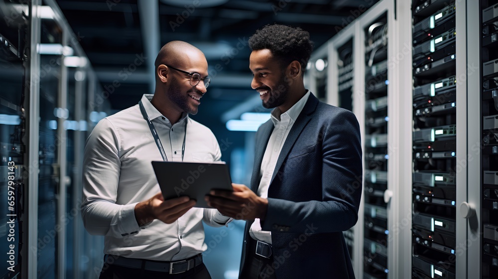 Professional IT specialist teamwork in server room is talking with ...