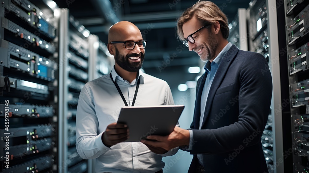 Professional IT specialist teamwork in server room is talking with ...