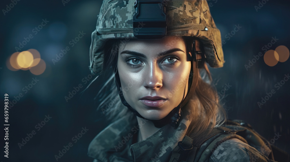 A strong looking woman wearing military uniform including camouflage ...