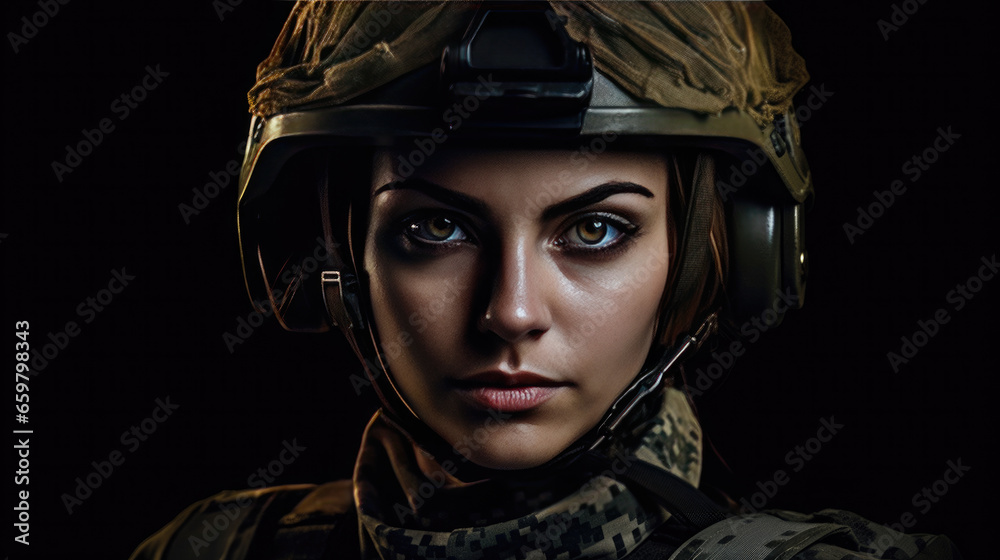 A strong looking woman wearing military uniform including camouflage ...