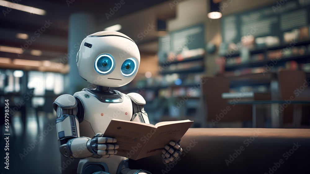 Robot reading book in library as growth in machine learning and ...