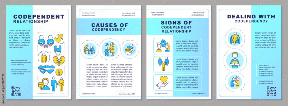 2D codependent relationship blue brochure template, leaflet design with thin line icons, 4 ...