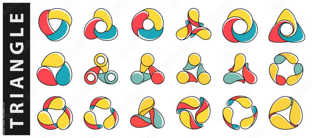 Triangle logos set. Yin and yang overlapping emblems. Optical ...