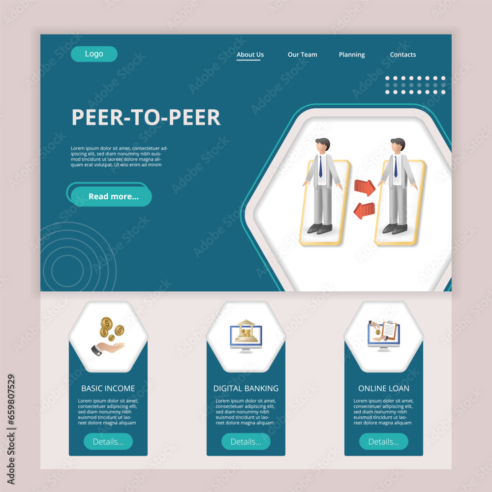 Peer-to-peer flat landing page website template. Basic income, digital ...