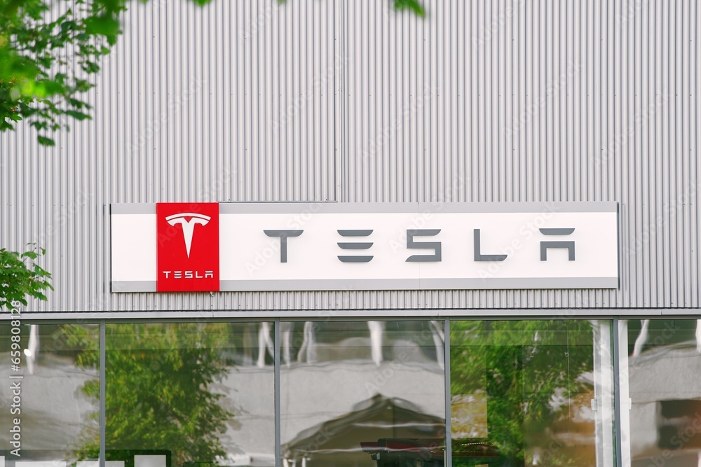 Europe, Norway 09.22.2023 Tesla logo sign on the building. Electrifying ...