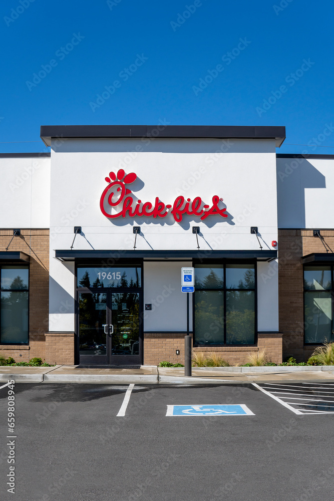 Lynnwood, WA, USA - 1st October 2023. Chick-fil-a fast food restaurant ...
