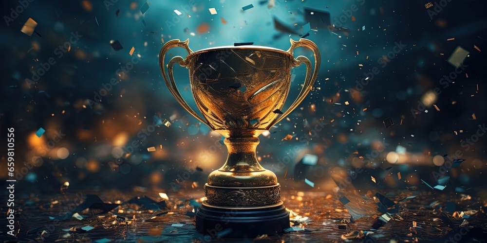 A winners trophy with celebration confetti and glitter in a sports ...