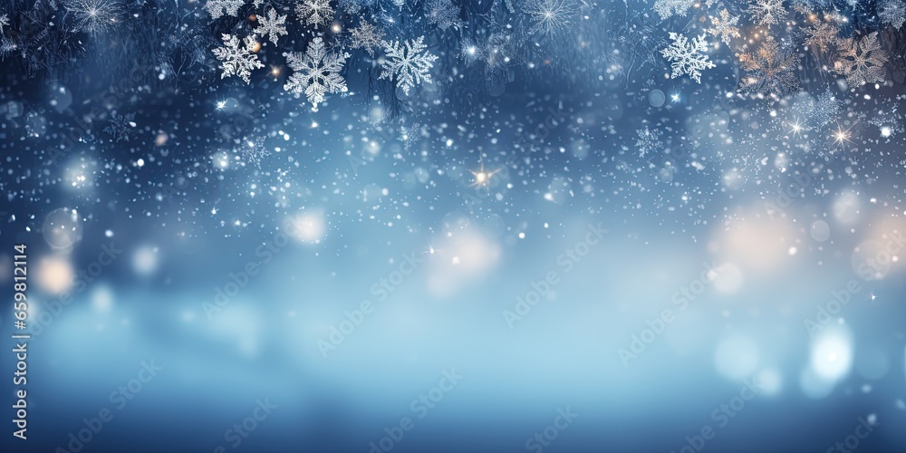 Magical winter background with snow, snowflakes and soft bokeh lights ...