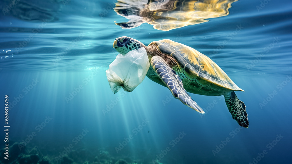 Wild sea turtle in transparent plastic bag swimming underwater ...