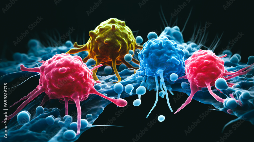 a microscopic view of gastric cancer cells in various stages of ...