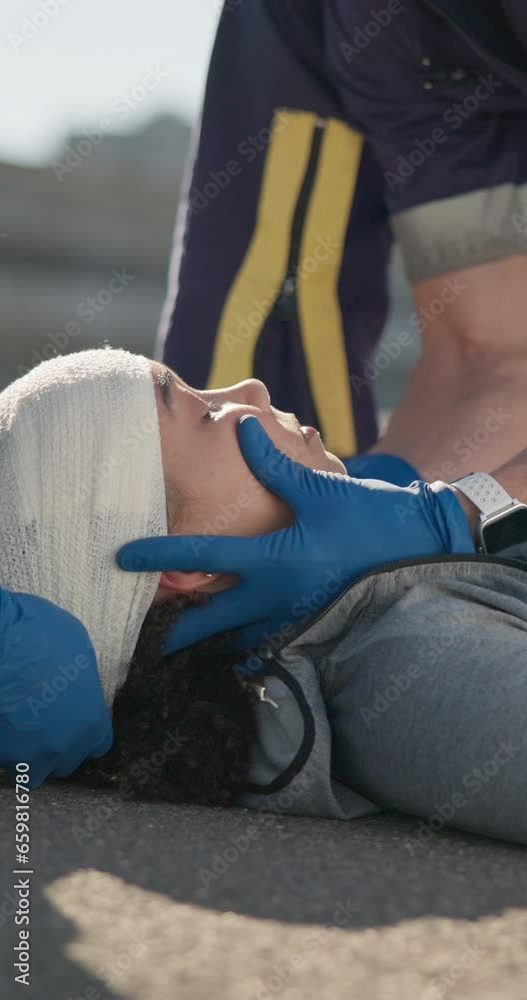 First aid, hands of paramedic and bandage on woman in accident, head ...